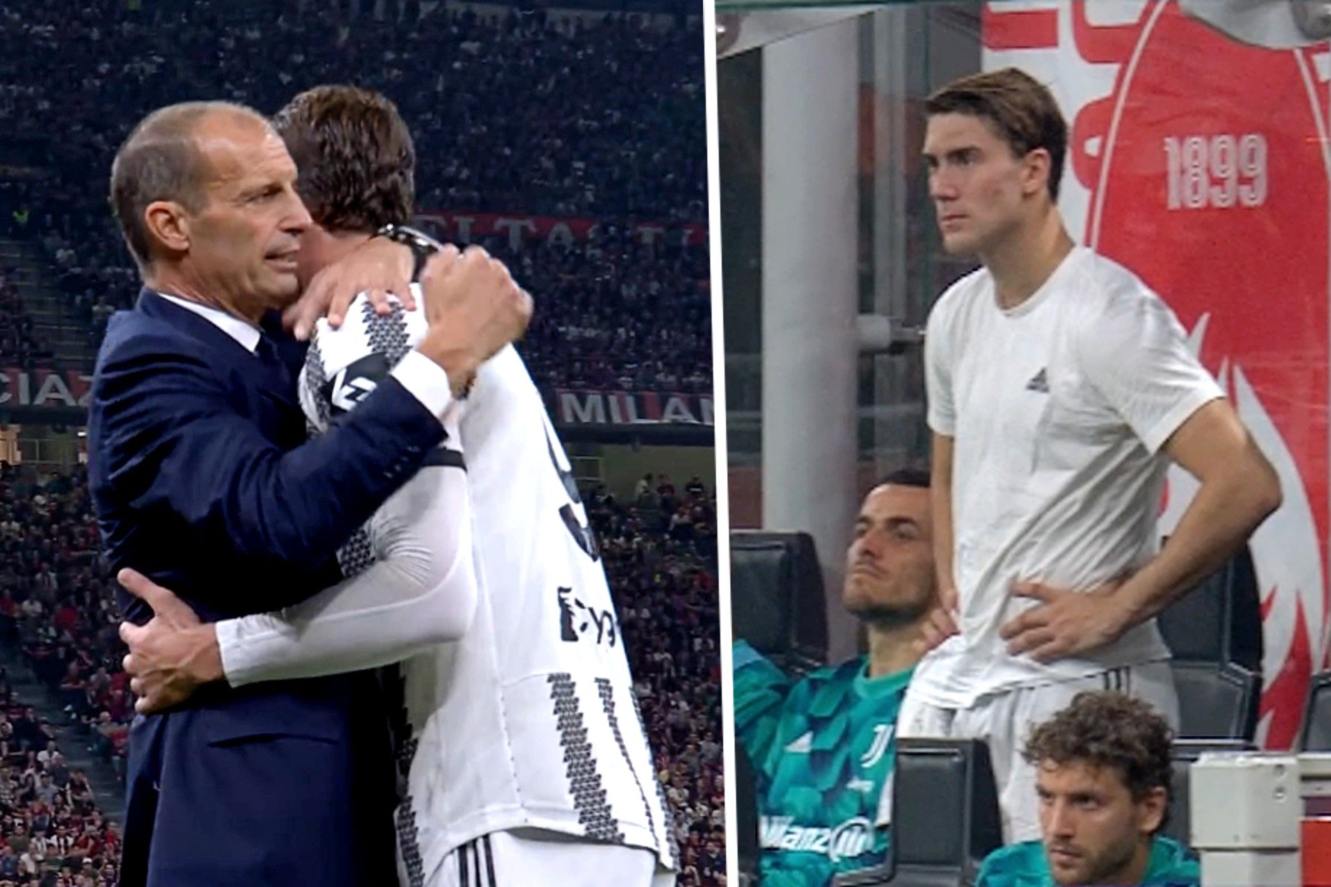 Tutta la frustrazione di Vlahovic in panchina: Allegri gli sussurra una parola, non basta